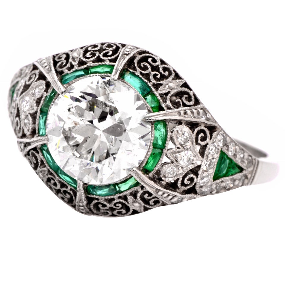 Antique European Emerald Diamond Platinum Filigree Engagement Ring at ...