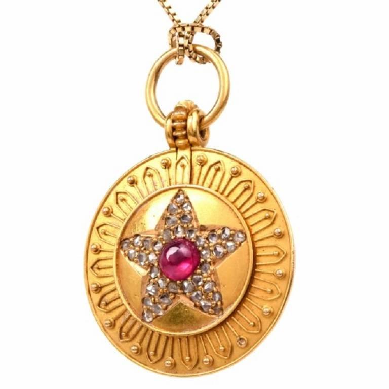 Antique Ruby Diamond Gold Star Locket Pendant at 1stDibs