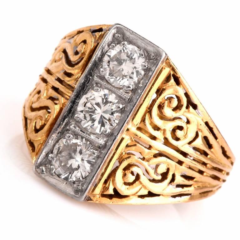 Men's Diamond gold Three stone Ring at 1stDibs