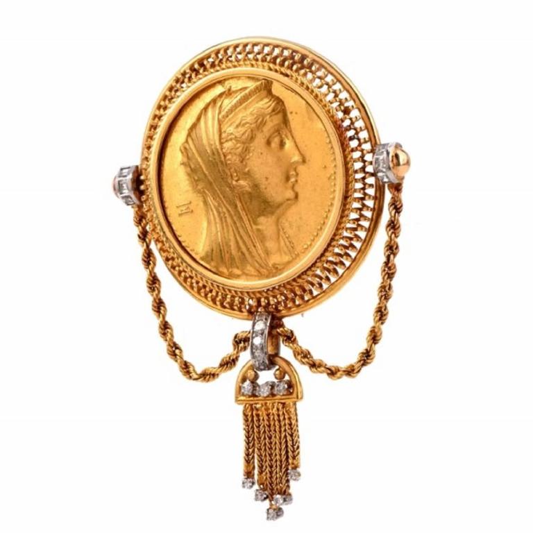 Antique Diamond Roman Coin Gold Pin at 1stDibs