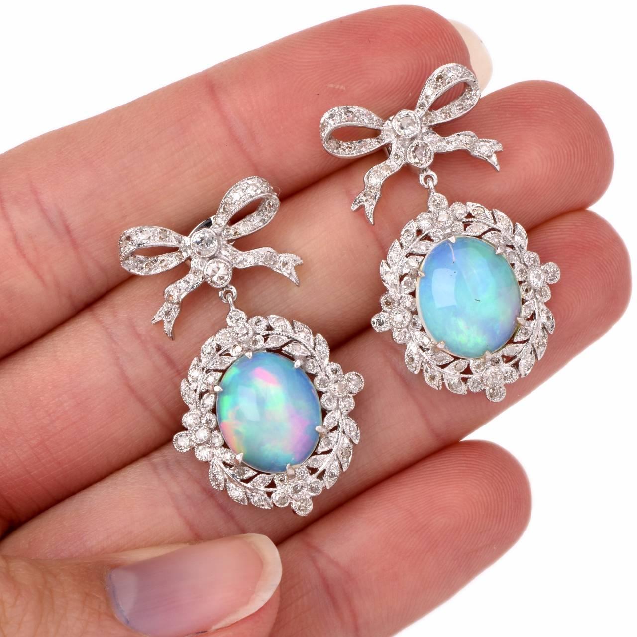 Diamond Opal White Gold Bow Drop Pendant Earrings at 1stdibs
