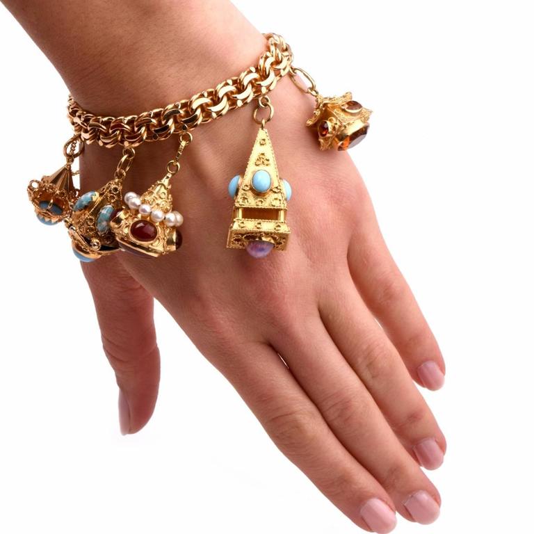 Retro Multi Gem Gold Heavy Charm Bracelet at 1stDibs