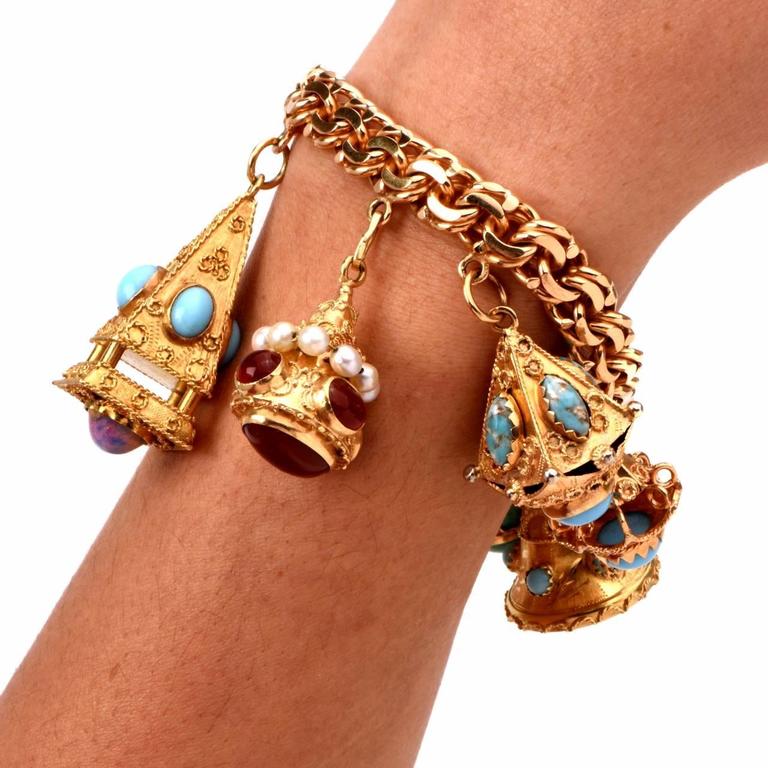 Retro Multi Gem Gold Heavy Charm Bracelet at 1stDibs