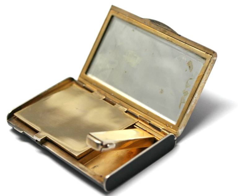 Art Deco Beauty Enamel Coral Diamond Silver Beauty Box at 1stDibs