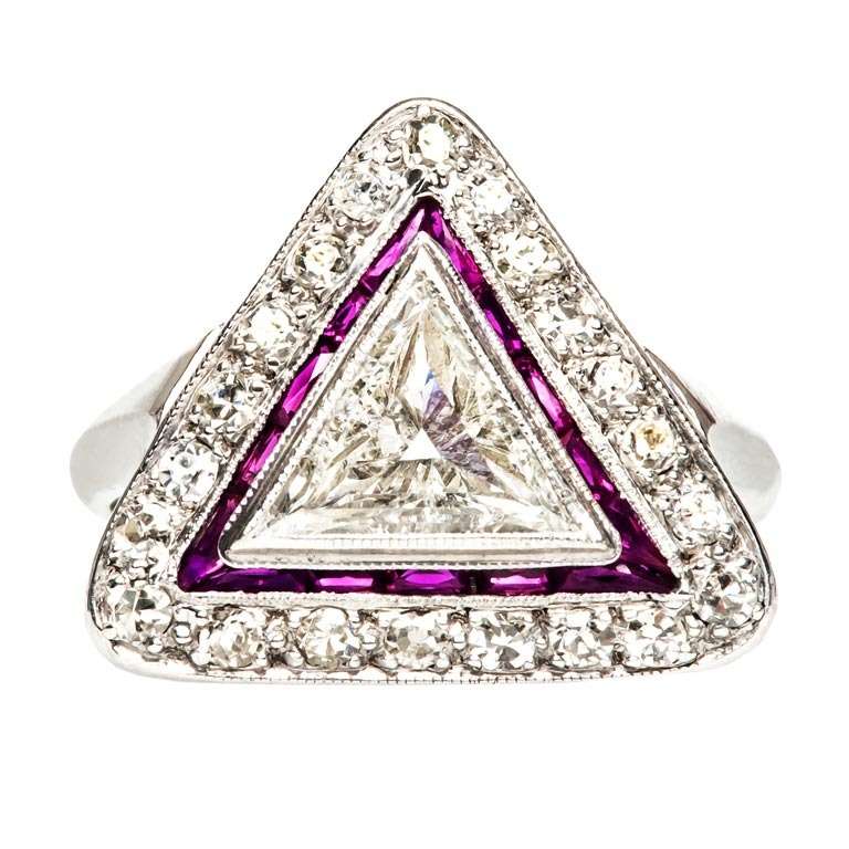 Triangle Cut Diamond and Ruby Platinum Art Deco Engagement Ring at 1stDibs