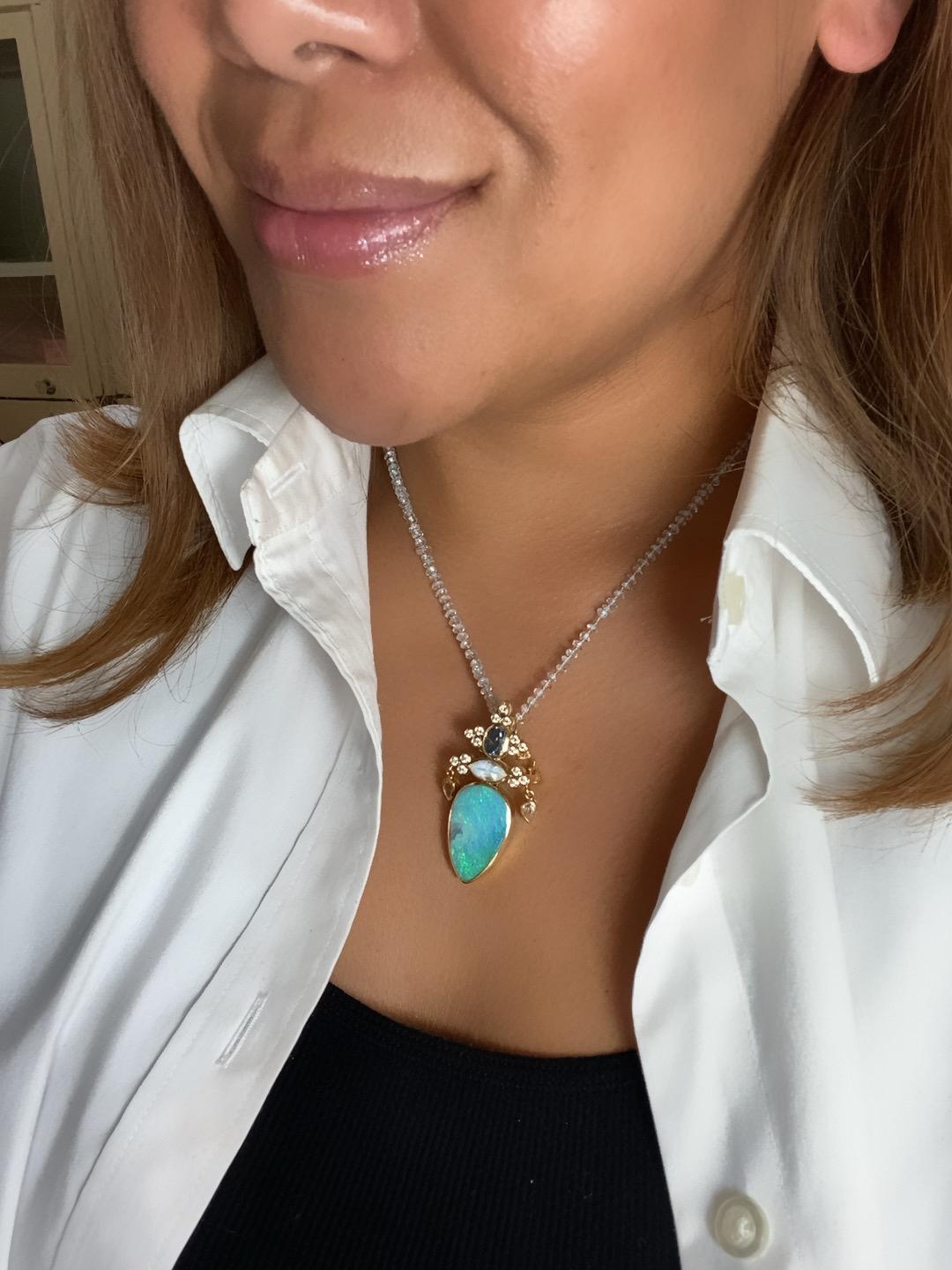 Paula Crevoshay Boulder Opal Aquamarine Moonstone Gold Pendant at ...
