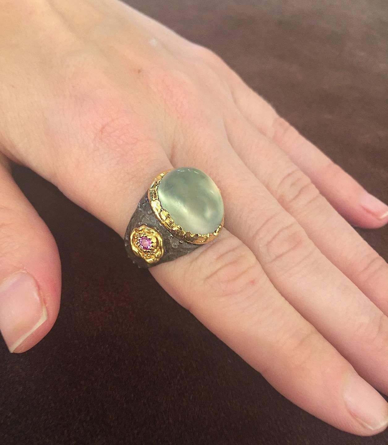 Victor Velyan Prehnite and Pink Sapphire Ring at 1stDibs