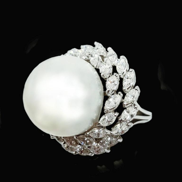 Huge 16.5mm Pearl and Diamond Platinum Statement Ring at 1stDibs