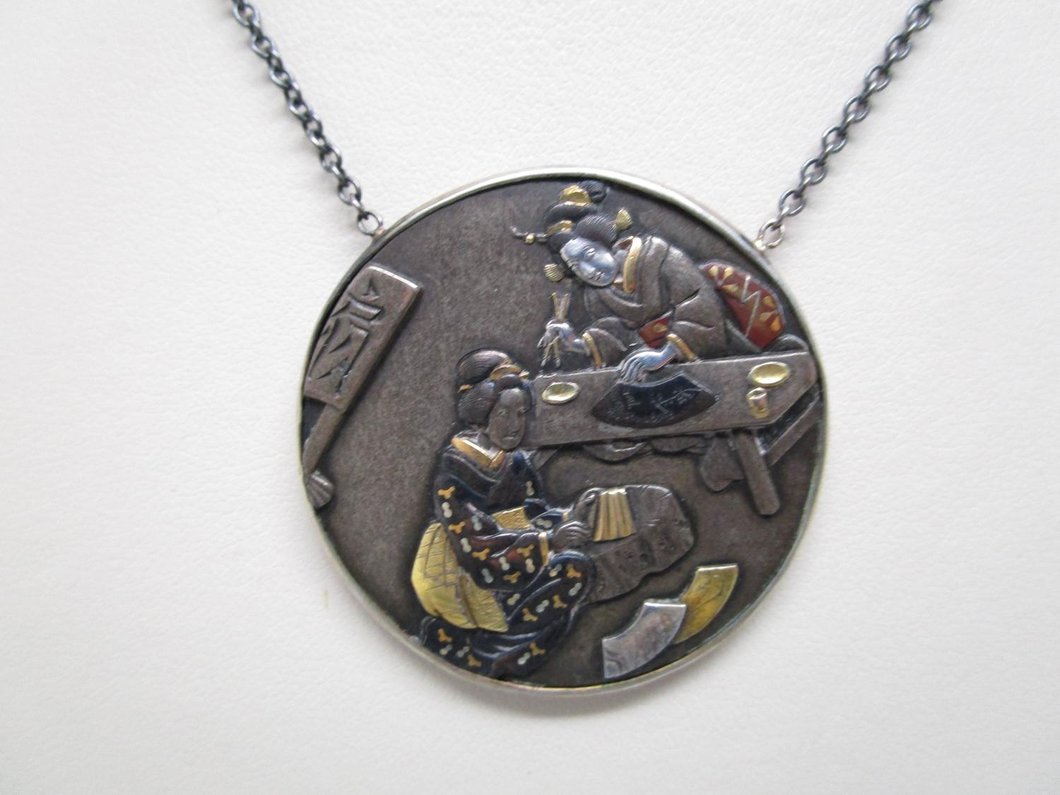 Victorian Japanese Shakudo Necklace in Silver For Sale at 1stdibs