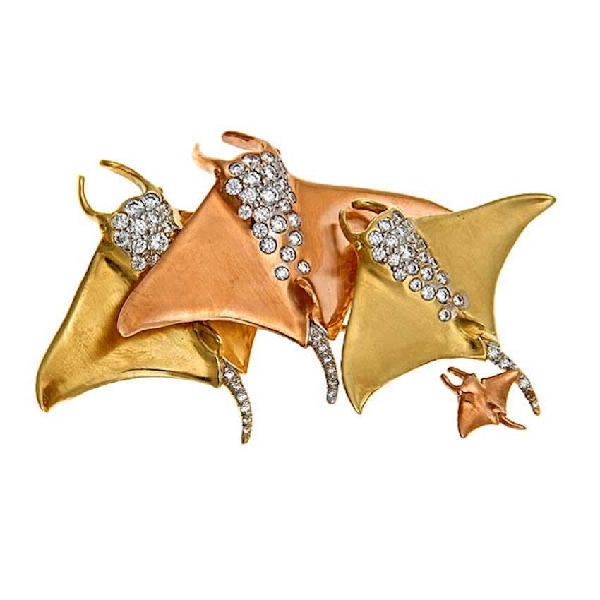 3.2ct. White Diamonds 18k Yellow Rose and White Gold MANTA RAY FAMILY ...
