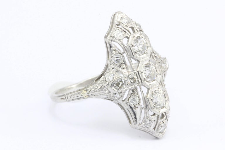 Art Deco Platinum and Diamond Three-Stone Shield Ring at 1stDibs