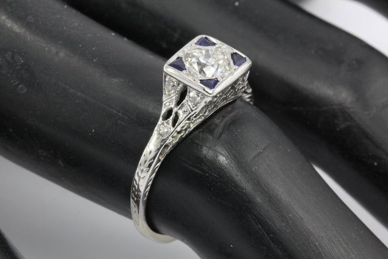 Art Deco Platinum Diamond and Sapphire Square Top Ring at 1stDibs