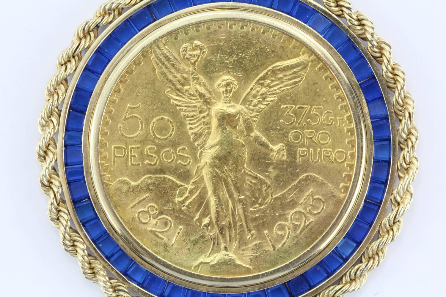 Large 1923 Gold Angel Coin Pendant Set In A Custom Sapphire Gold Bezel ...