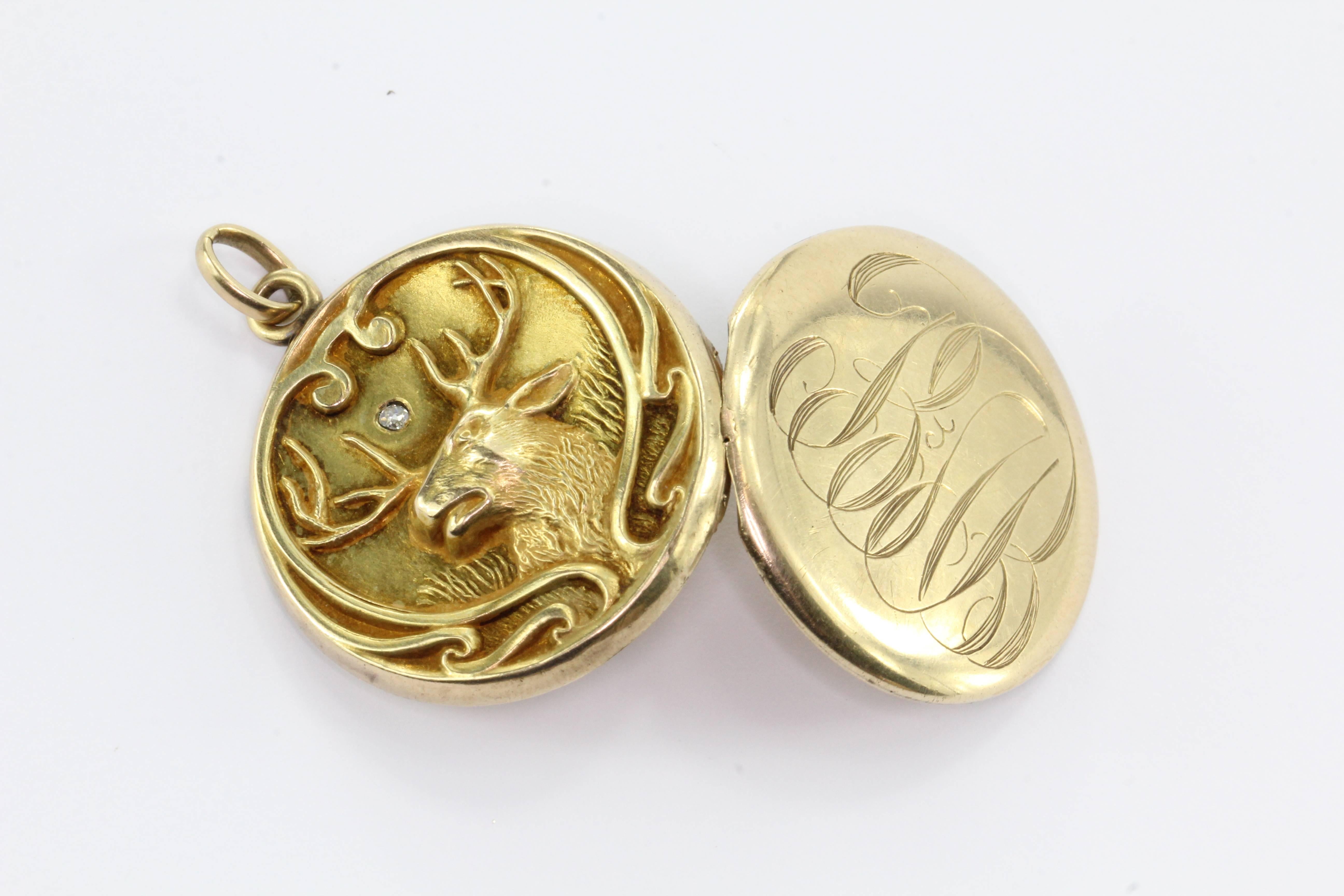 Art Nouveau Repousse Diamond Stag Buck Locket at 1stDibs