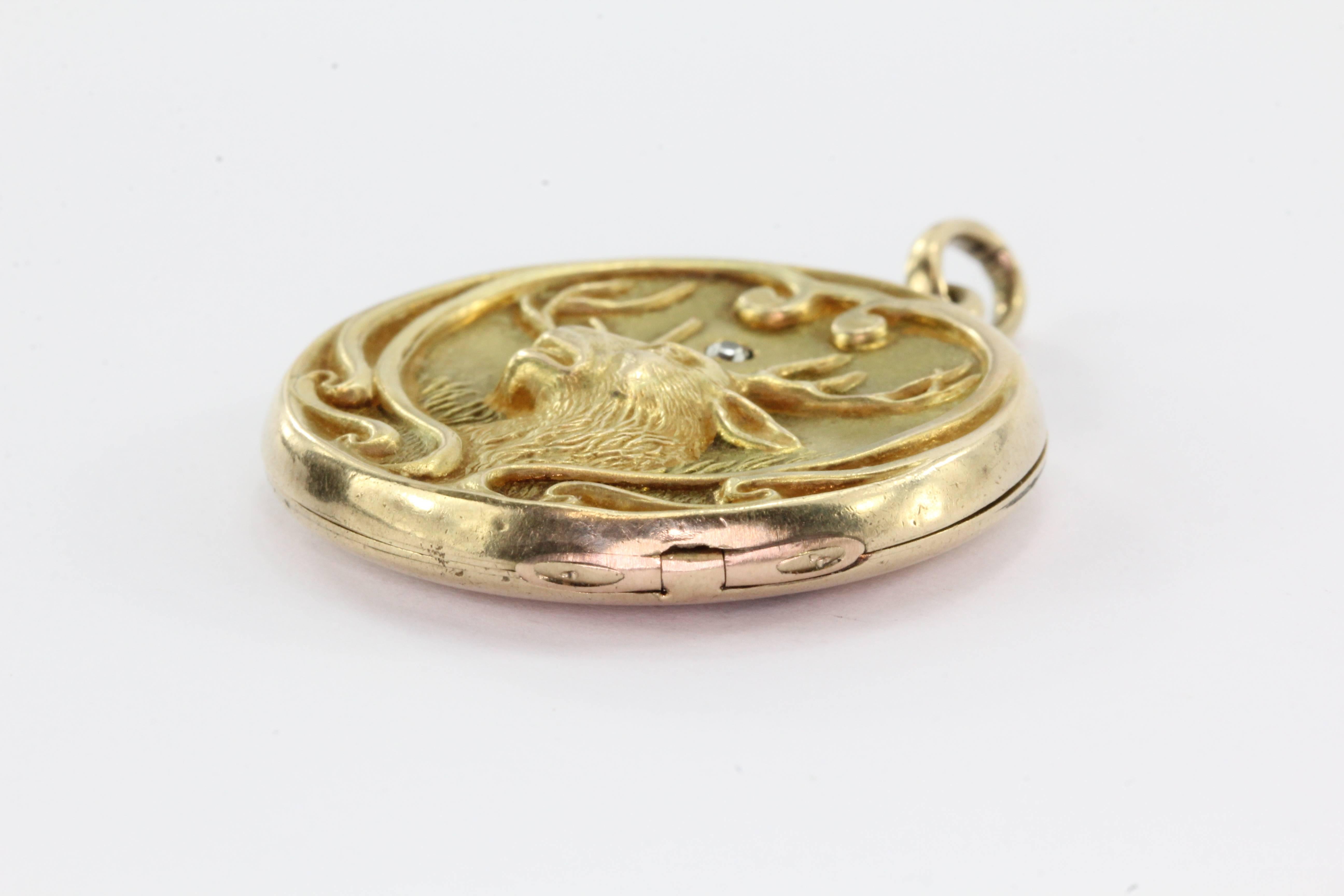 Art Nouveau Repousse Diamond Stag Buck Locket at 1stDibs