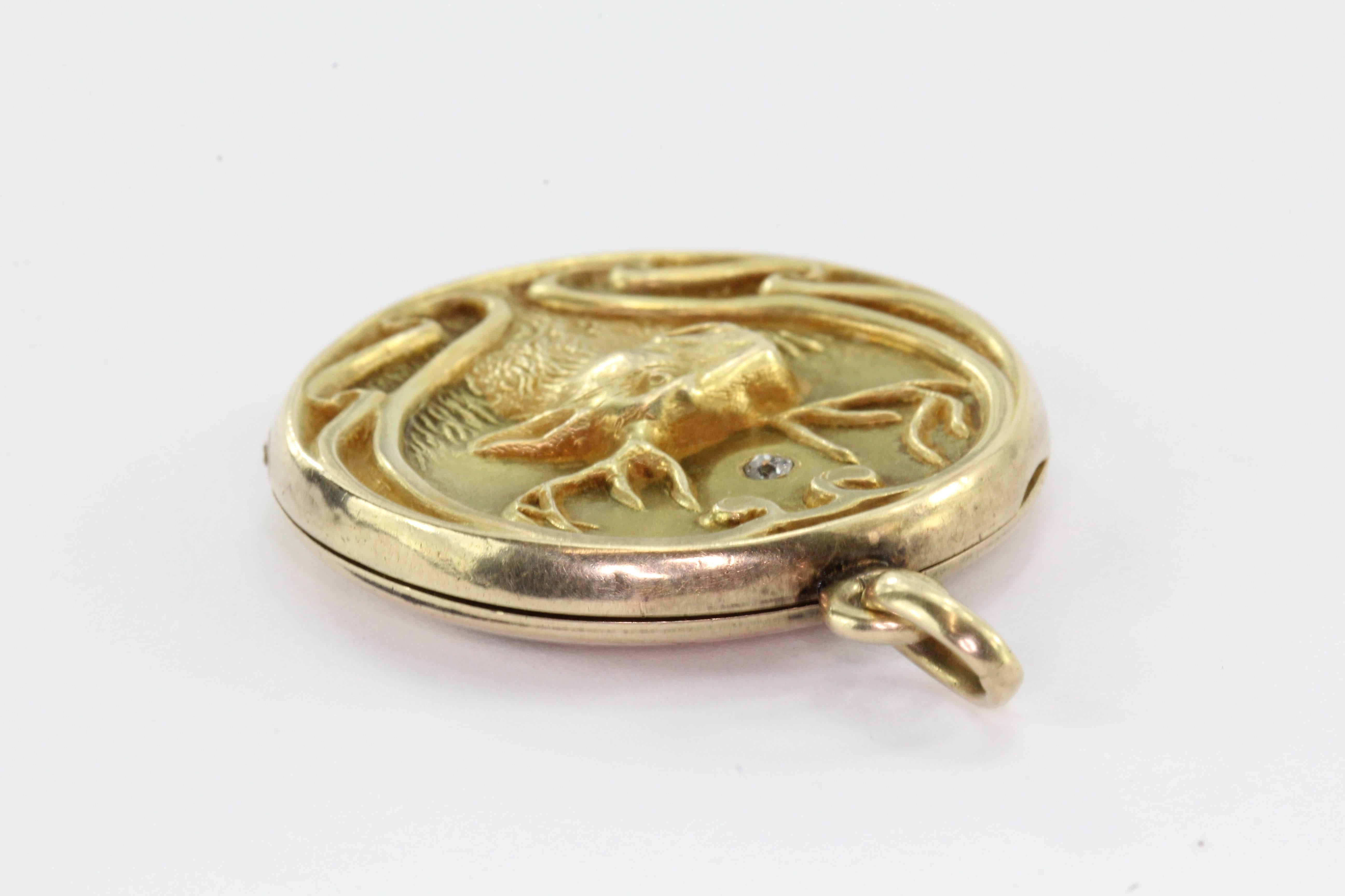 Art Nouveau Repousse Diamond Stag Buck Locket at 1stDibs