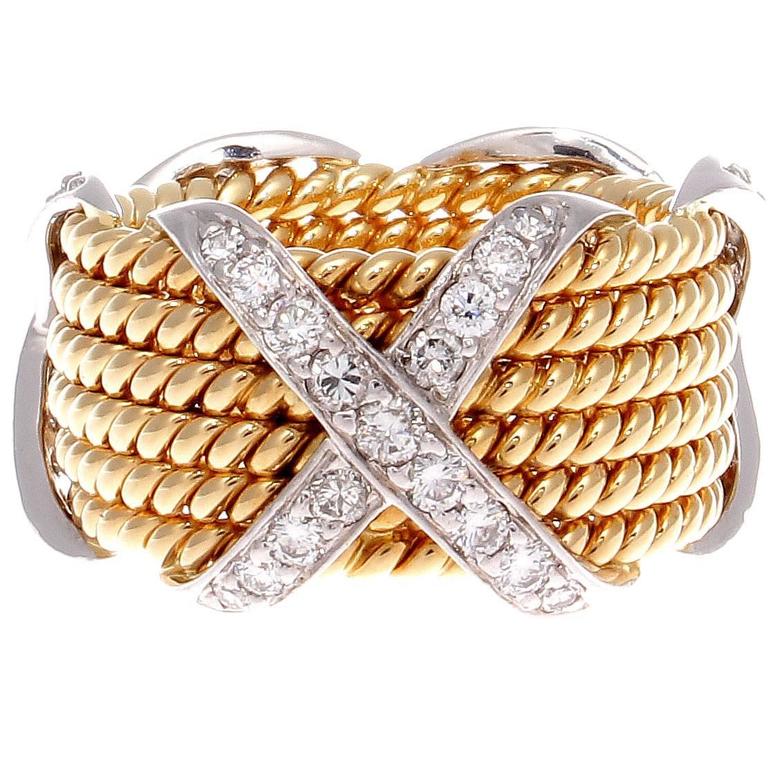 Tiffany and Co. Schlumberger Diamond Platinum Gold X Ring at 1stDibs ...
