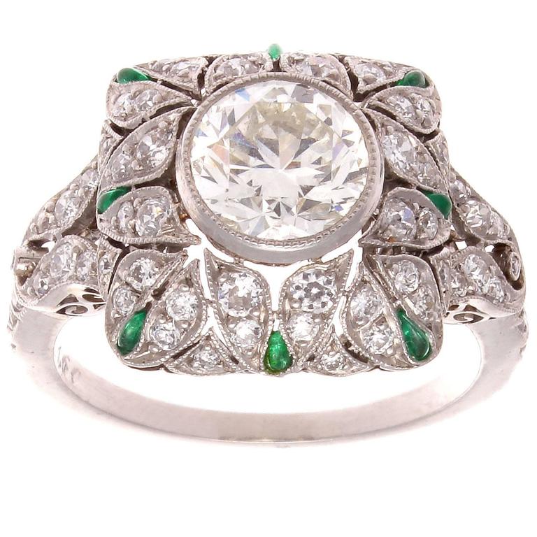 Diamond Emerald Platinum Engagement Ring at 1stDibs