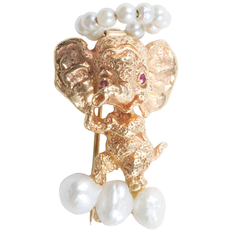 Ruser Happy Elephant Angel Pearl Ruby Gold Brooch at 1stDibs