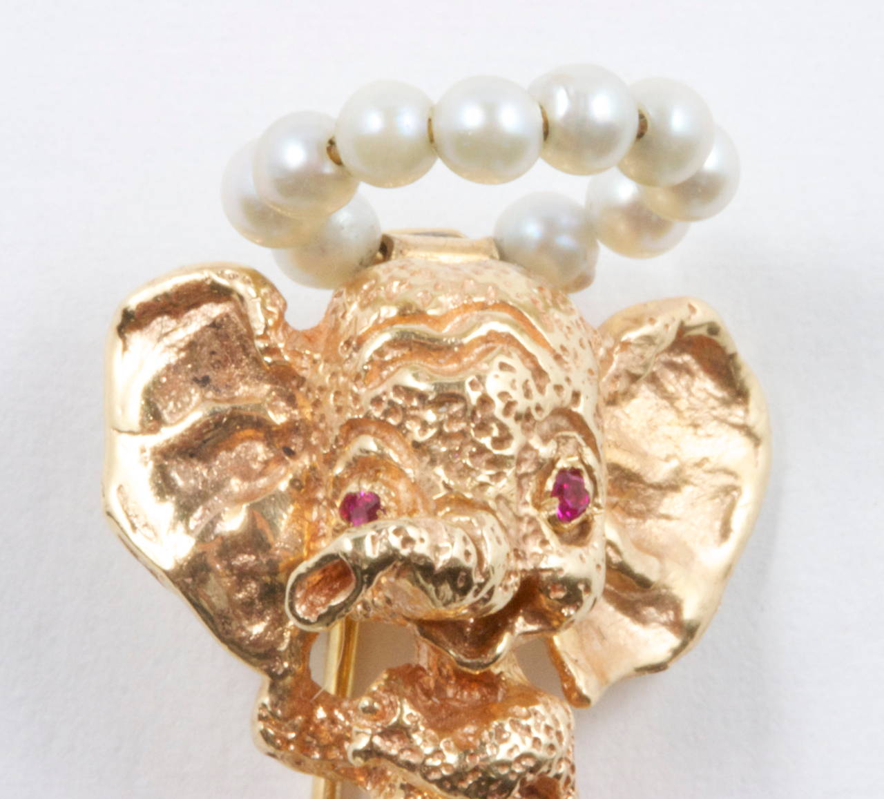 Ruser Happy Elephant Angel Pearl Ruby Gold Brooch at 1stDibs