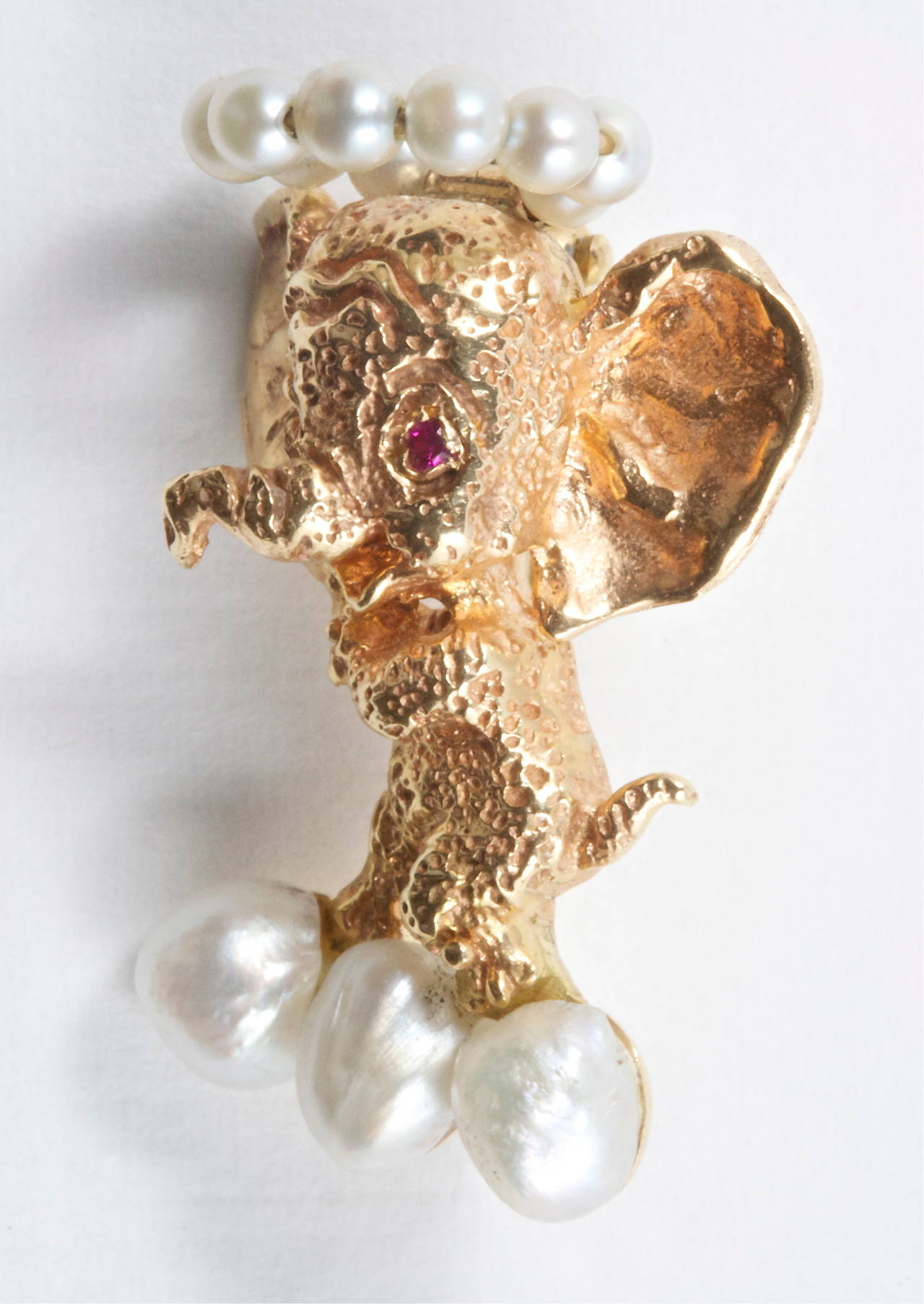 Ruser Happy Elephant Angel Pearl Ruby Gold Brooch at 1stDibs