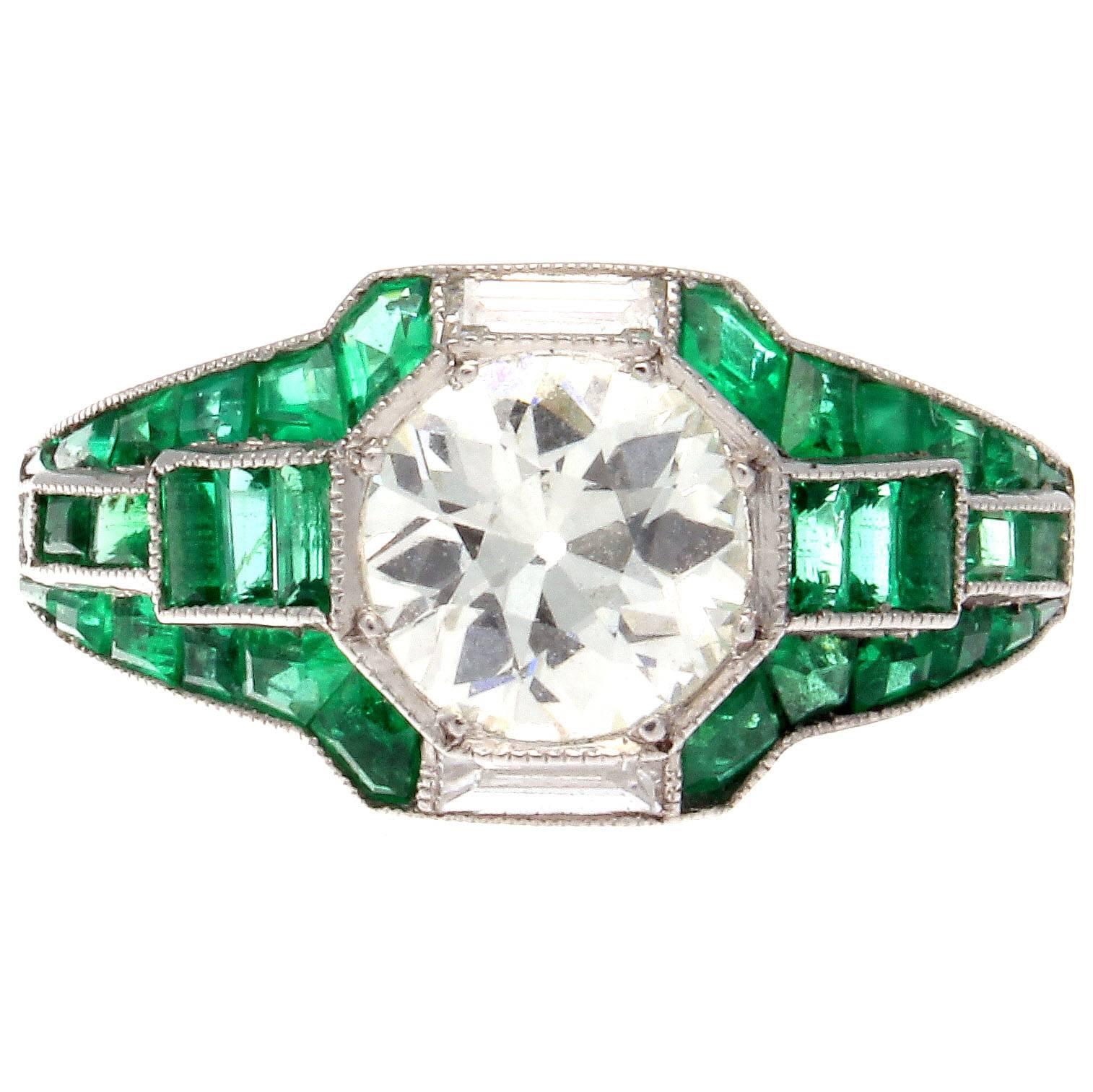 Special Art Deco Diamond Emerald Platinum Engagement Ring at 1stDibs