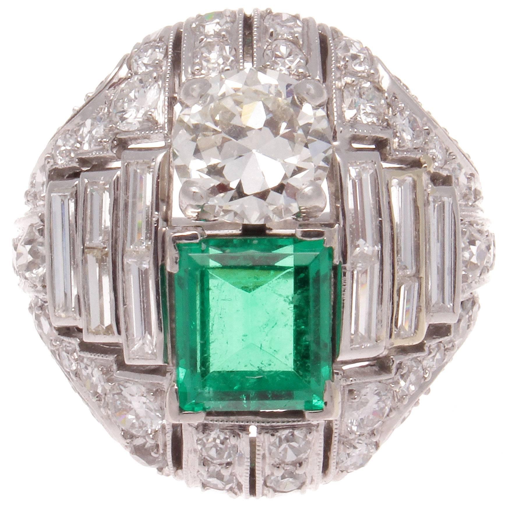 Art Deco Emerald Diamond Platinum Ring at 1stDibs