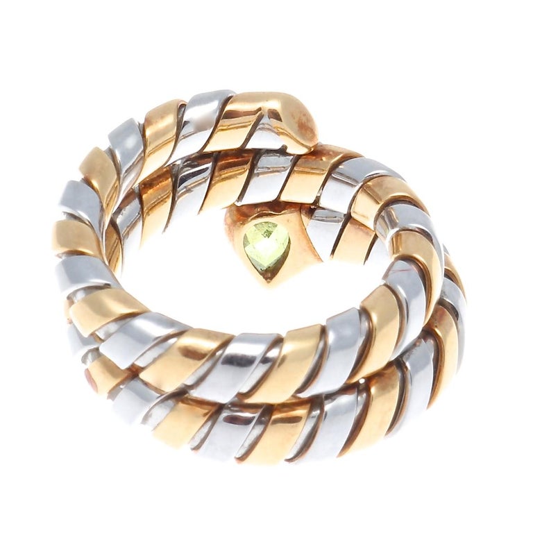 Bulgari Green Tourmaline Gold and Steel Tubogas Serpenti Ring at 1stDibs