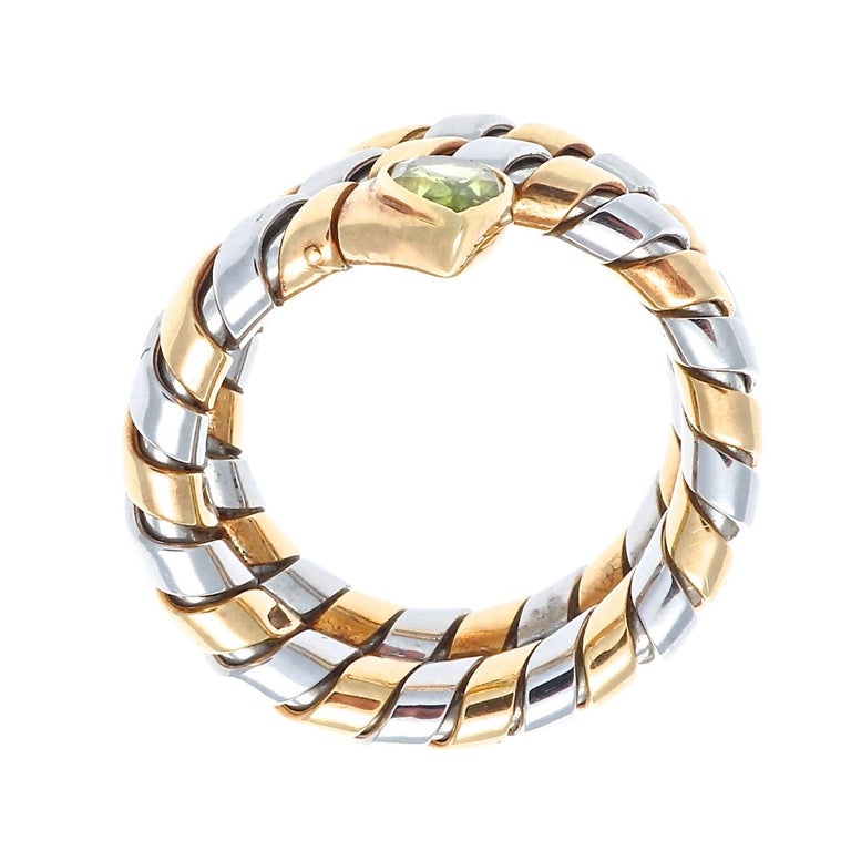 Bulgari Green Tourmaline Gold and Steel Tubogas Serpenti Ring at 1stDibs