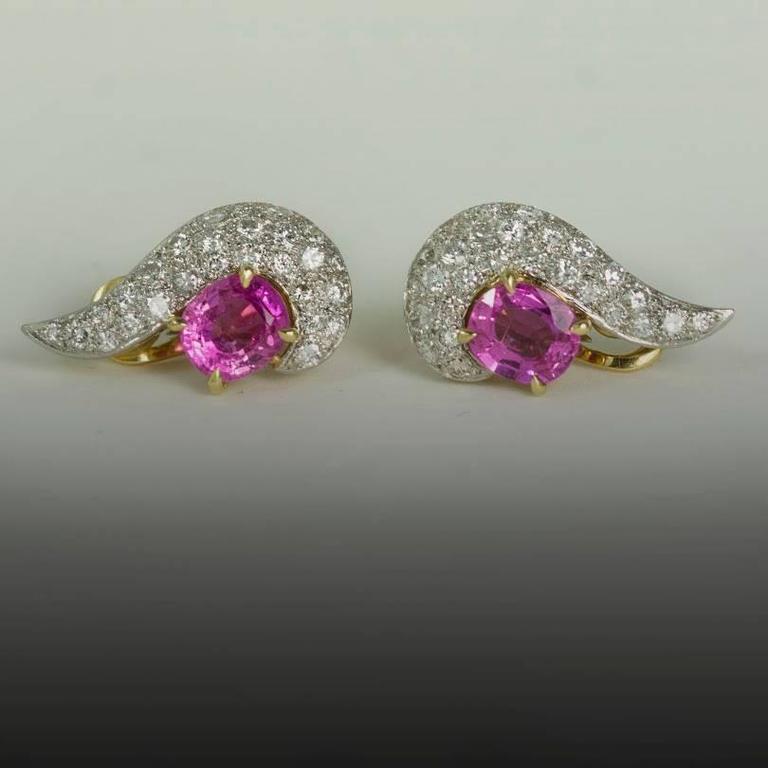 Keith Davis Pink Sapphire Diamond Platinum Earrings at 1stDibs