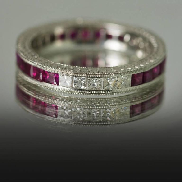 Ruby Diamond Platinum Engraved Eternity Band Ring at 1stDibs