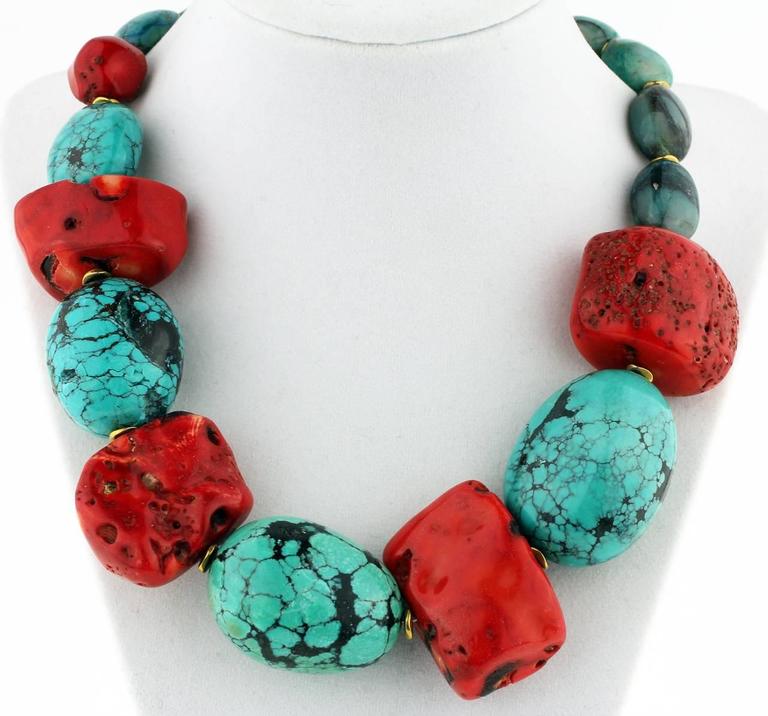 Single Strand Large Chunk Turquoise, Coral and Chrysocolla Necklace at ...