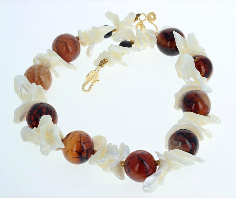 AJD Dramatic Elegant Natural Translucently Glowing Agate and Pearl Shell Necklace For Sale at ...