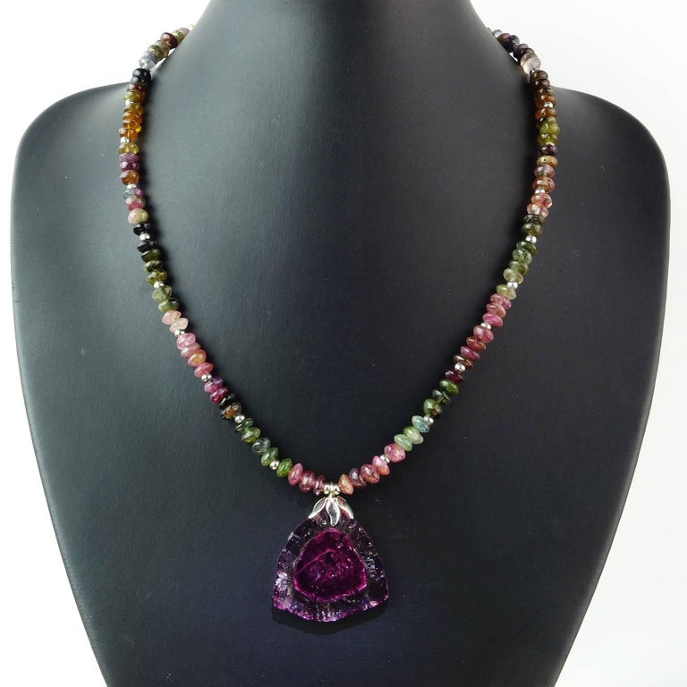 Watermelon Tourmaline Slice on Multi-Color Tourmaline Rondel Necklace ...