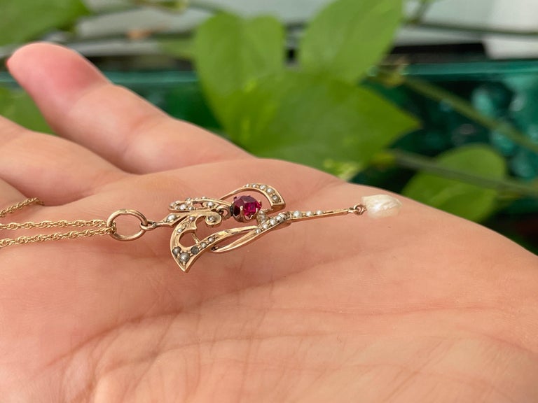 Antique Victorian 14 Karat Gold Seed Pearl Ruby Lavaliere Pendant For ...