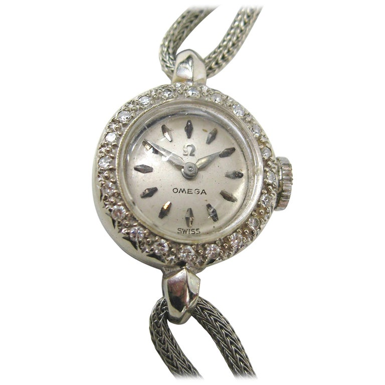 Omega Ladies White 14 Karat Gold Diamond Wristwatch Watch at 1stDibs