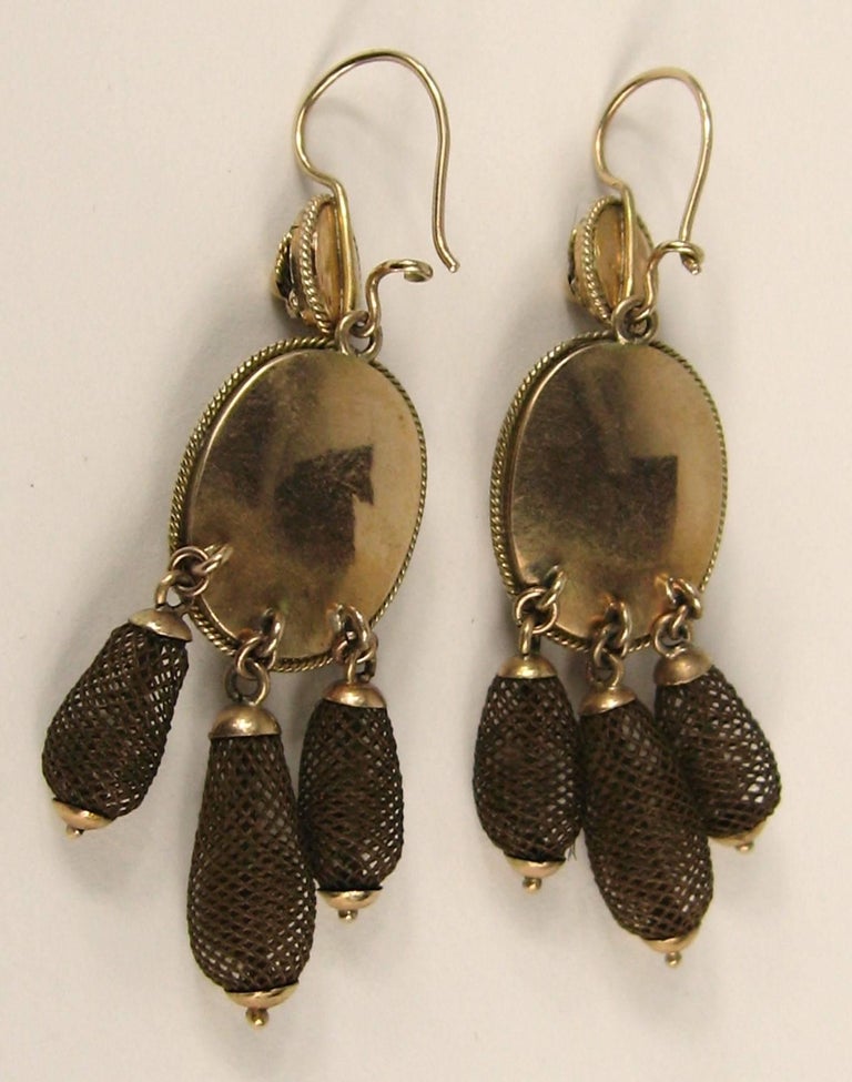 14 Karat Gold Victorian Mourning Hair Dangle Earrings For Sale at 1stDibs