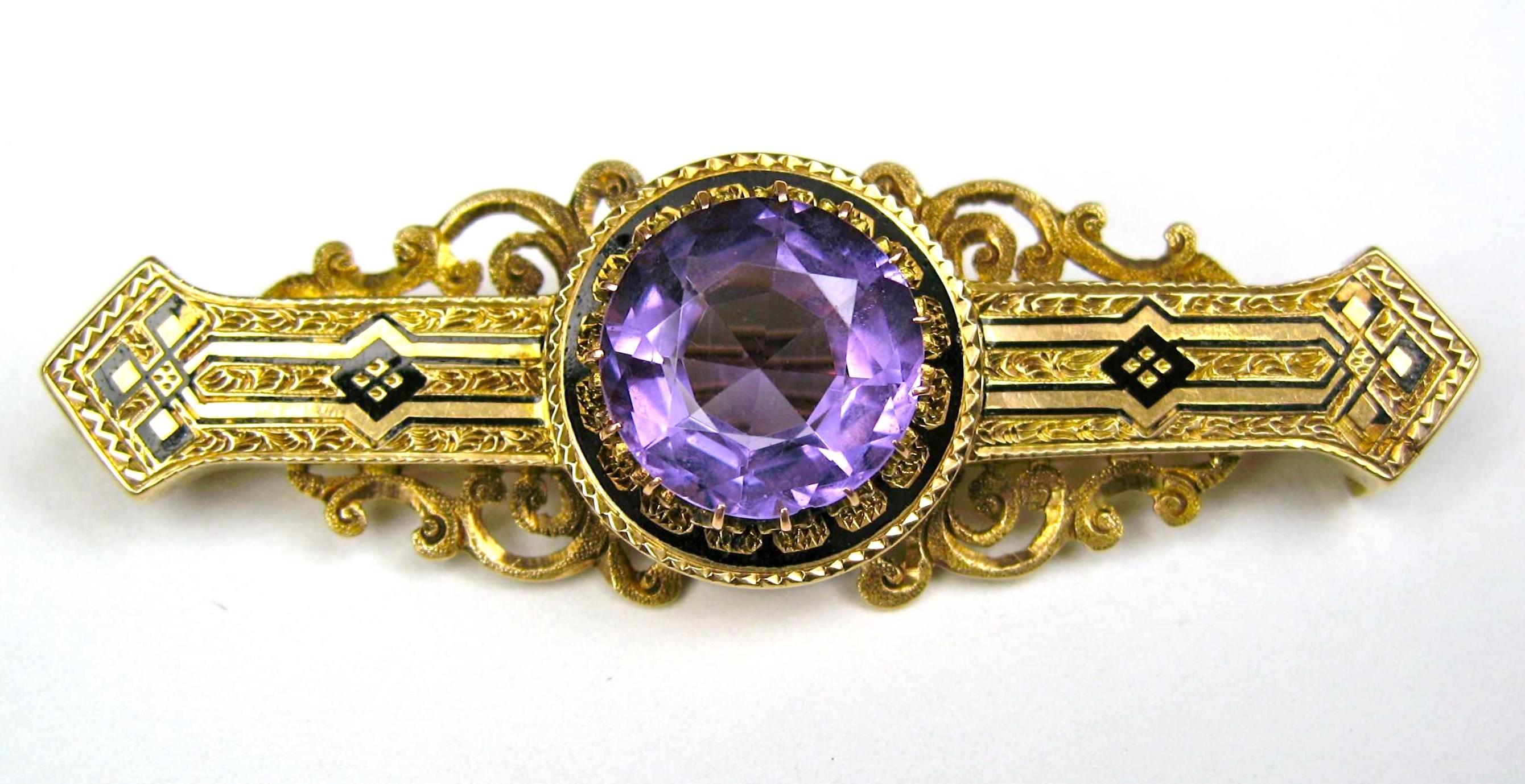 Victorian 14 Karat Gold Enamel Amethyst Bar Pin Brooch at 1stDibs ...