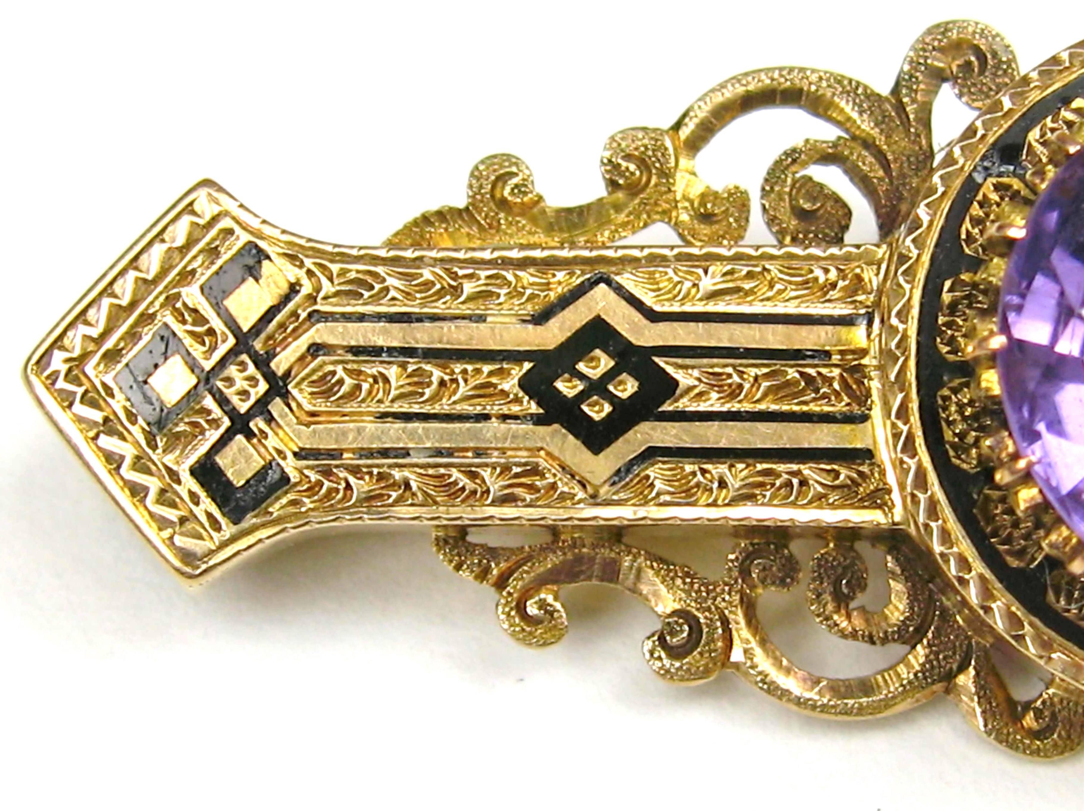 Victorian 14 Karat Gold Enamel Amethyst Bar Pin Brooch at 1stDibs ...