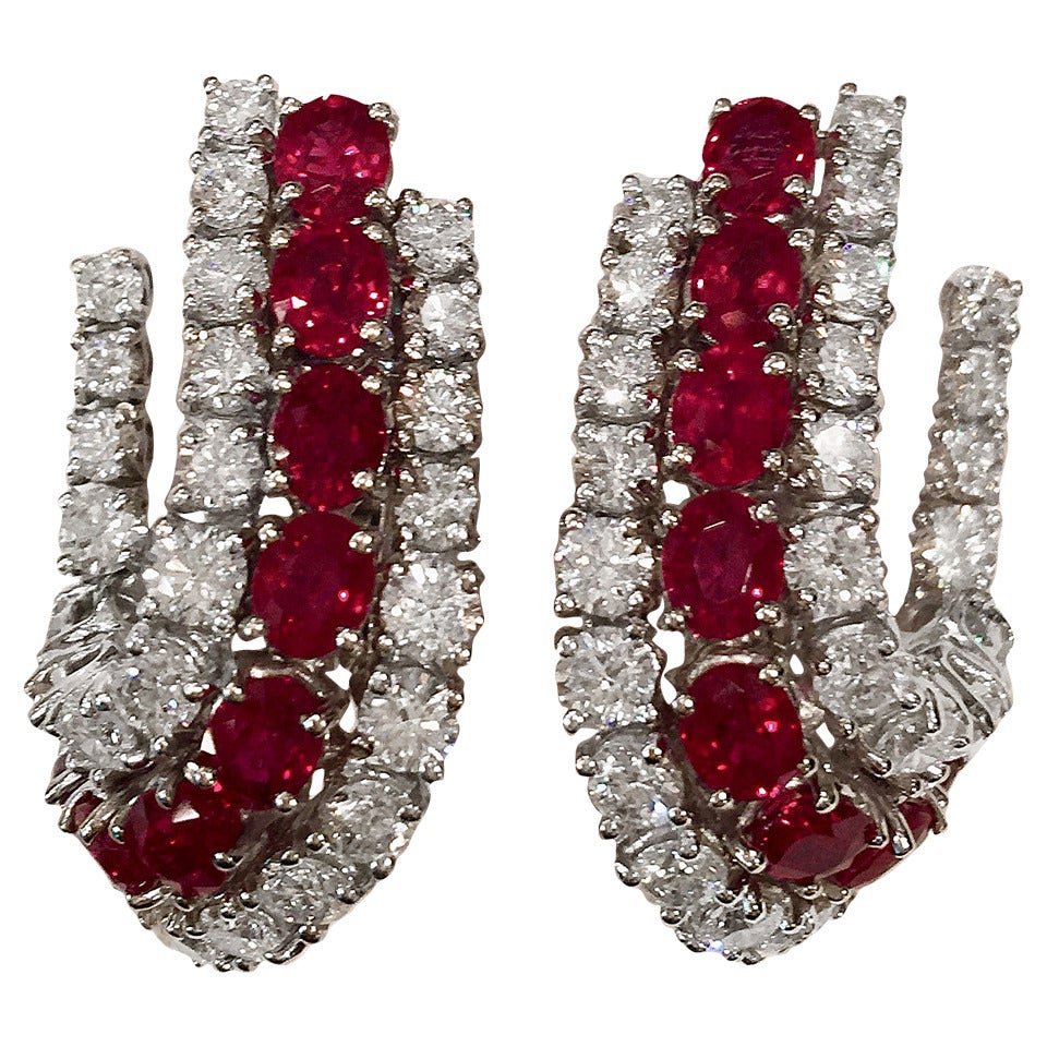 Ruby Diamond Platinum Hoop Earrings at 1stDibs