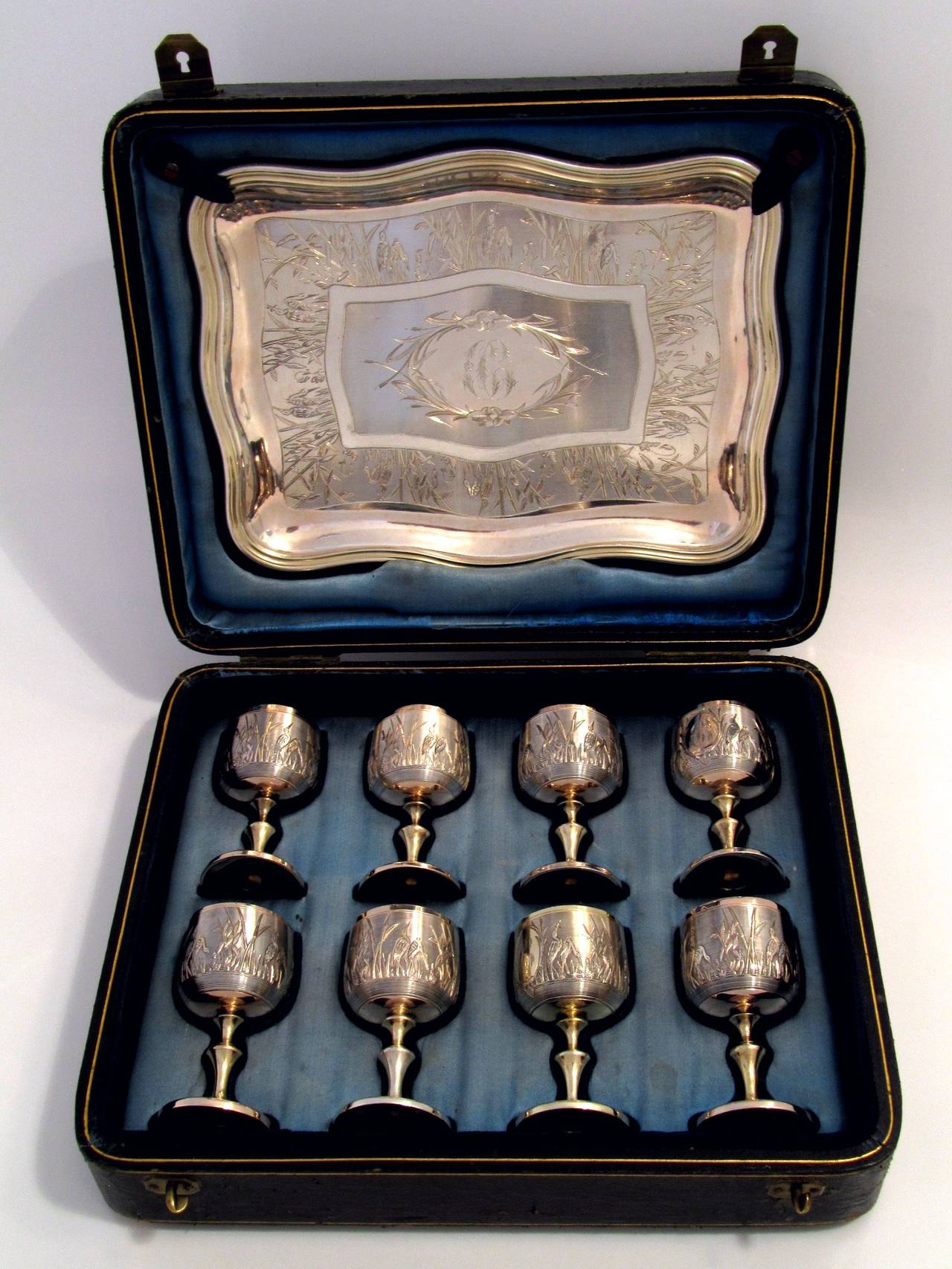 Ornate French All Sterling Silver Vermeil Liquor Set w/Box Heron in a ...