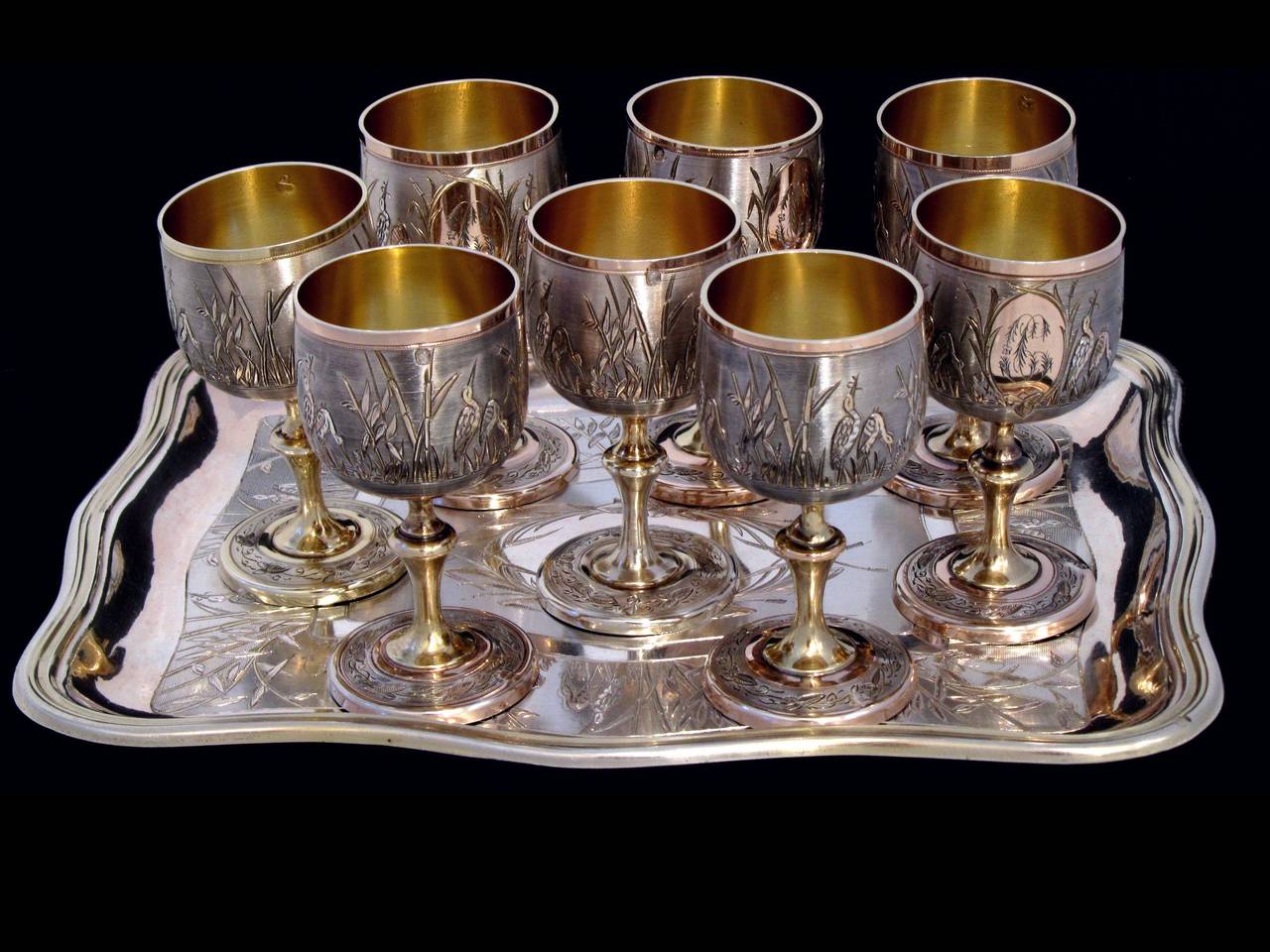 Ornate French All Sterling Silver Vermeil Liquor Set w/Box Heron in a ...