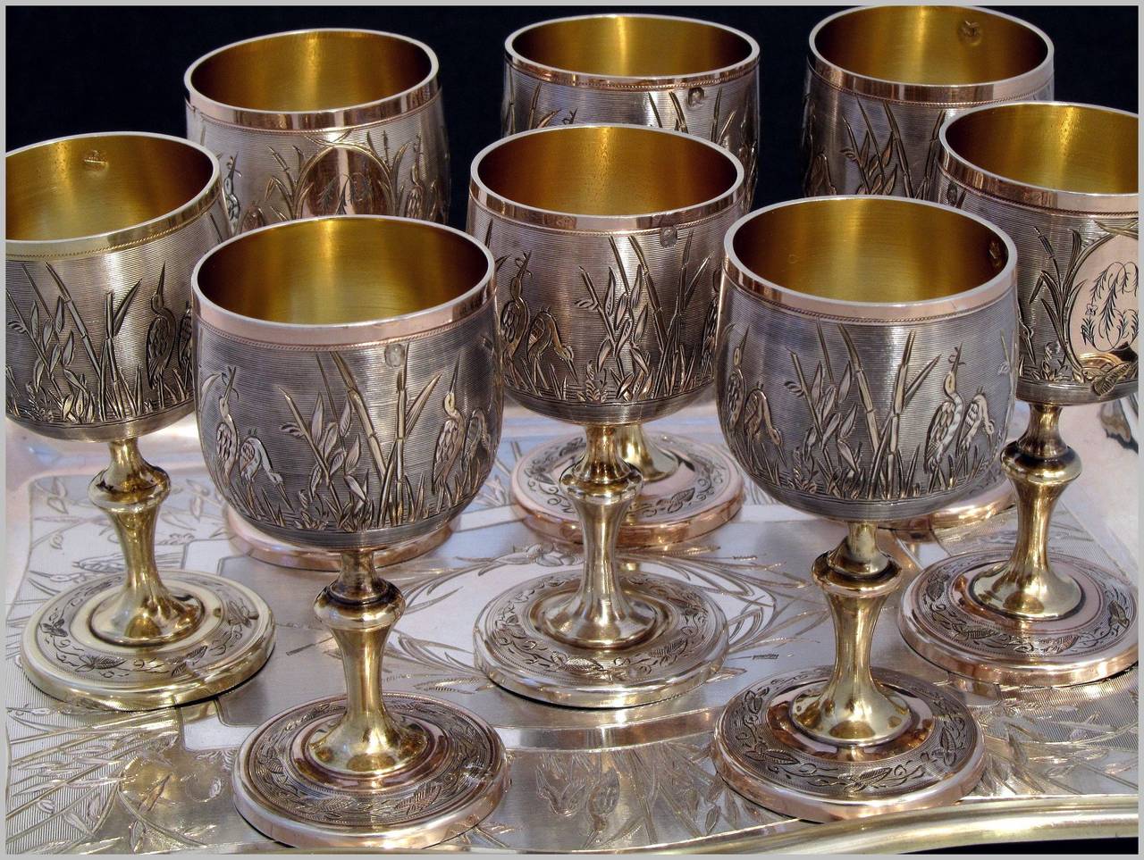 Ornate French All Sterling Silver Vermeil Liquor Set w/Box Heron in a ...