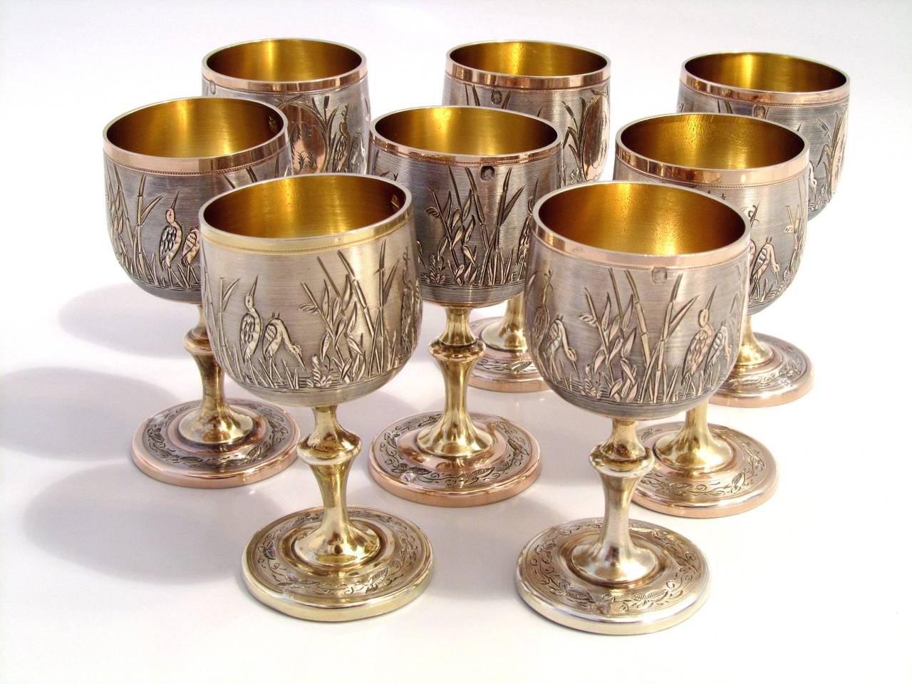 Ornate French All Sterling Silver Vermeil Liquor Set w/Box Heron in a ...