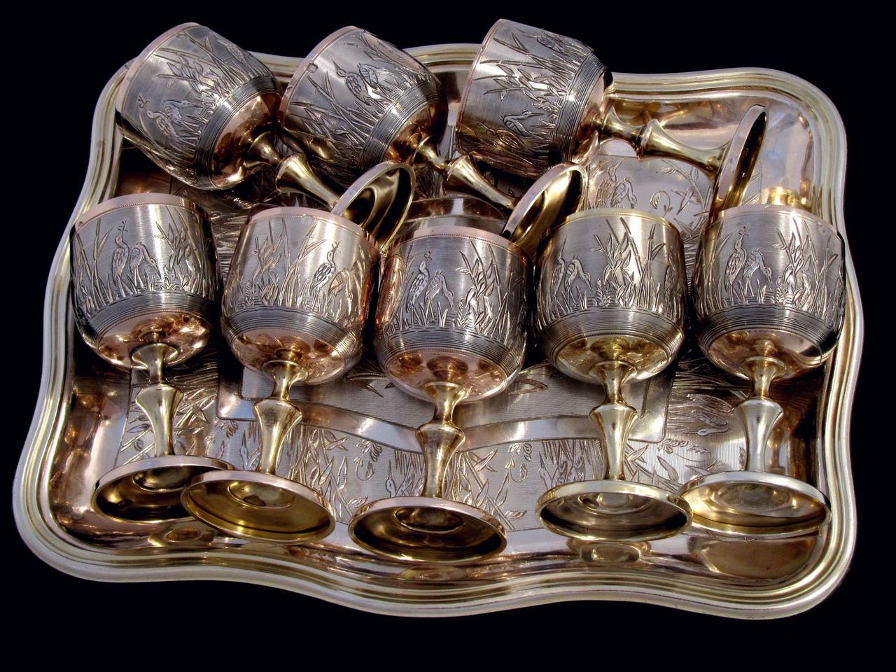 Ornate French All Sterling Silver Vermeil Liquor Set w/Box Heron in a ...