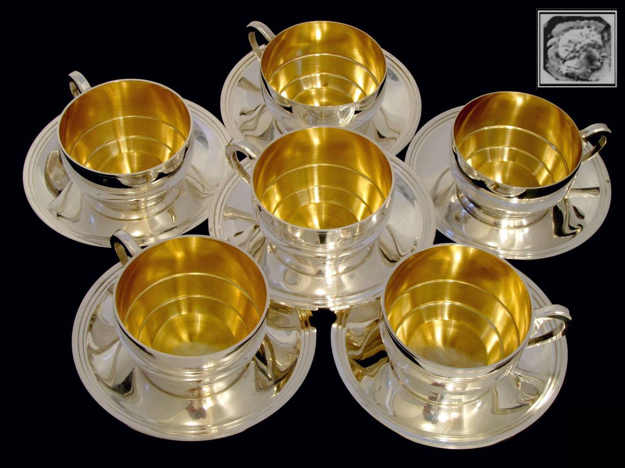 Ravinet Massive French Sterling Silver Vermeil Six Coffee/Tea Cups w ...