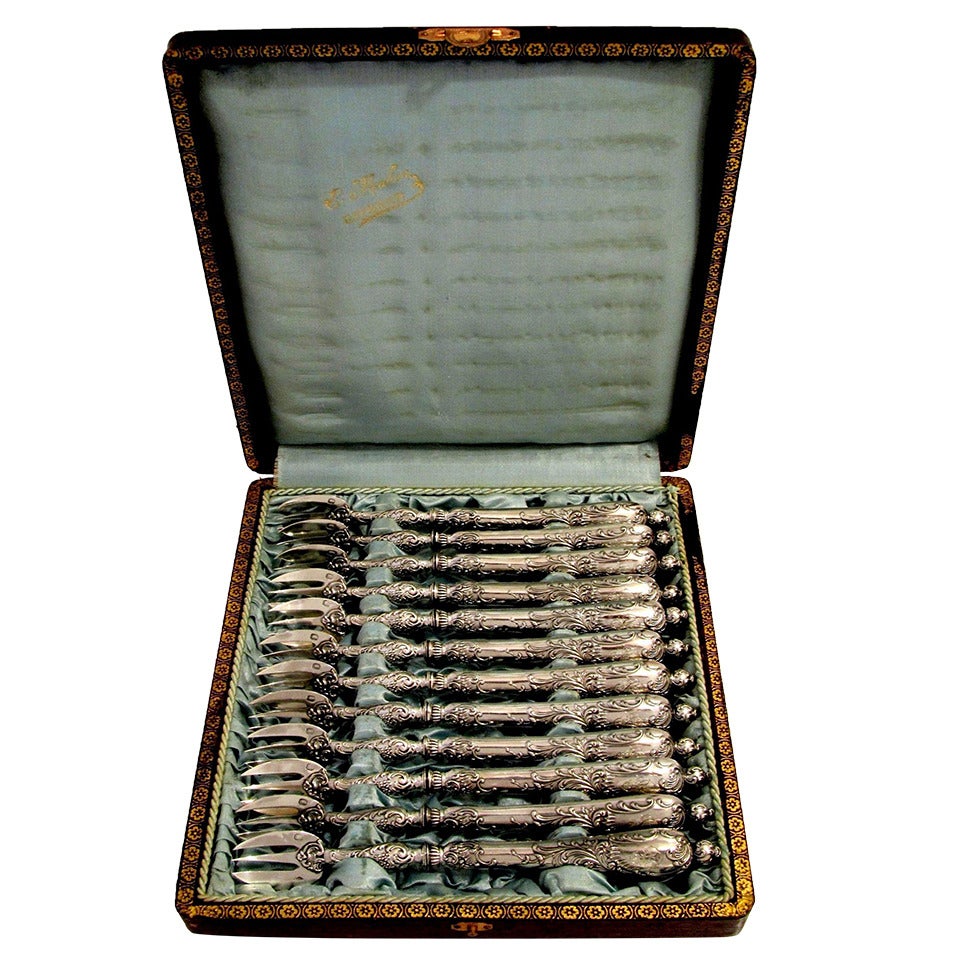 Gorgeous French All Sterling Silver Oyster Forks Set 12 pc w/Box Rococo ...