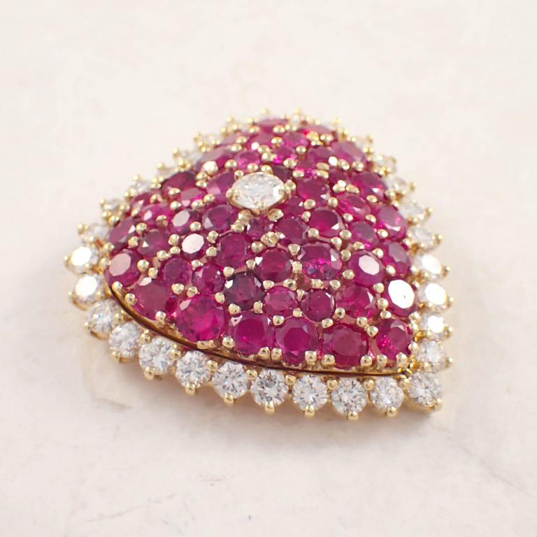 Ruby Diamond Gold Heart Brooch at 1stDibs