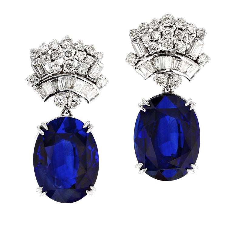 26 Carat Royal Blue Sapphire and Diamond White Gold Earrings For Sale ...