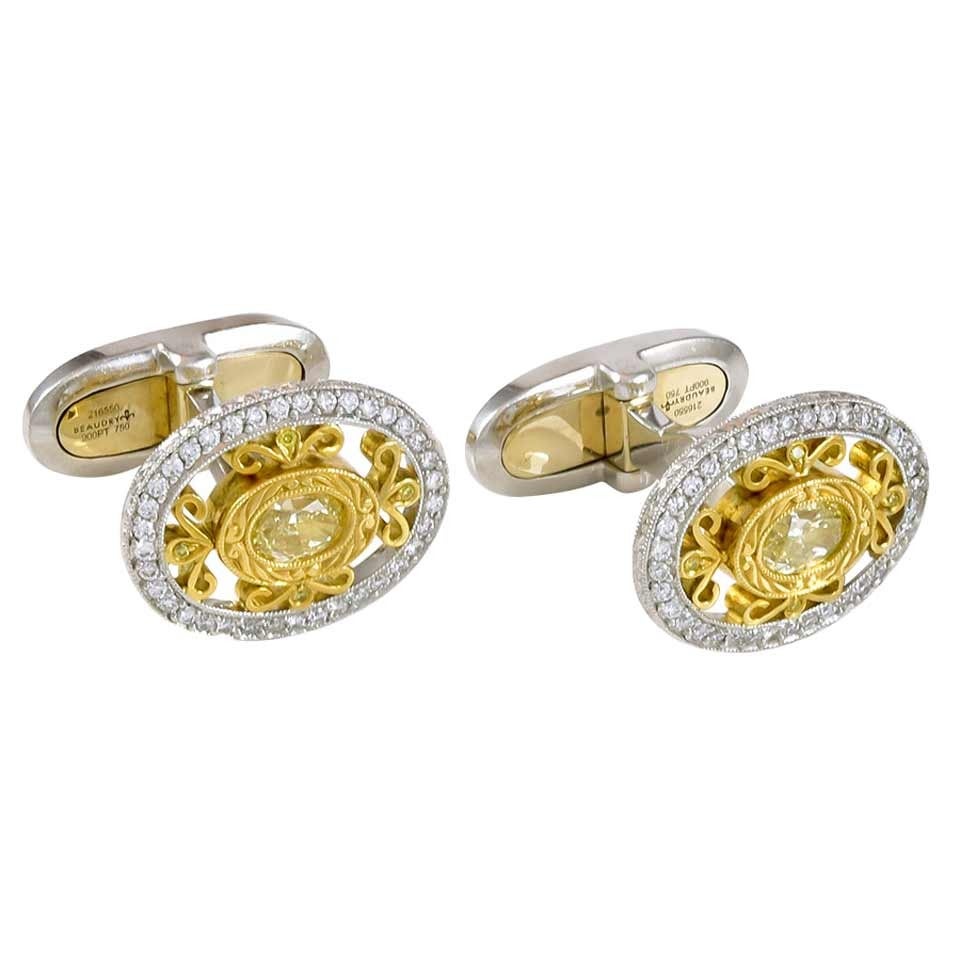 Oval Fancy Yellow Diamond Gold Platinum Cufflinks For Sale at 1stDibs